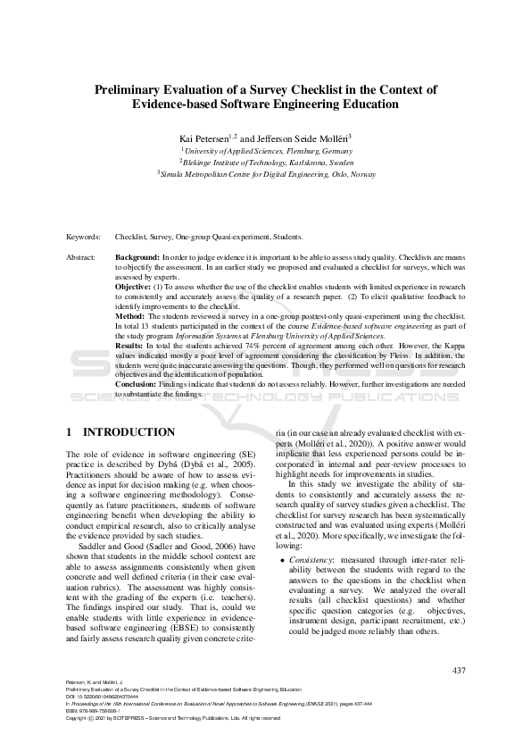 (PDF) Preliminary Evaluation of a Survey Checklist in the Context of ...