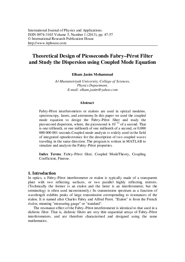 (PDF) Theoretical Design of Picoseconds Fabry-Pérot Filter and Study ...