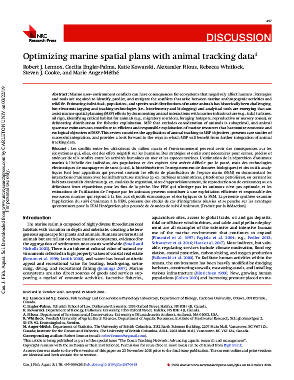 (PDF) Optimizing marine spatial plans with animal tracking data