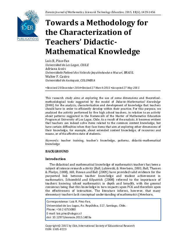 (PDF) Towards a Methodology for the Characterization of Teachers’ Didactic-Mathematical Knowledge
