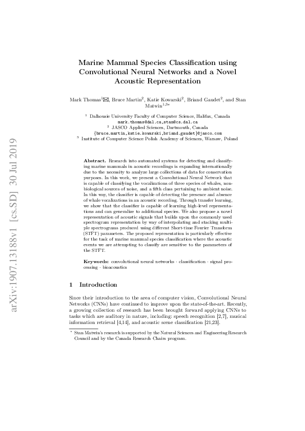 (PDF) Marine Mammal Species Classification Using Convolutional Neural Networks and a Novel ...