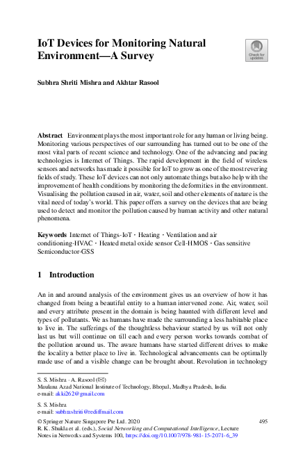 (PDF) IoT Devices for Monitoring Natural Environment—A Survey