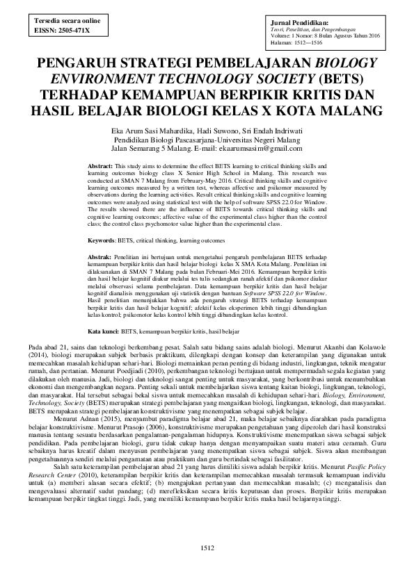 (PDF) Pengaruh strategi pembelajaran biology environment technology society terhadap literasi ...