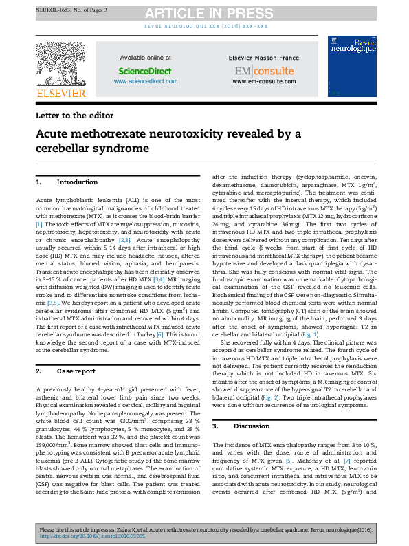 (PDF) Acute methotrexate neurotoxicity revealed by a cerebellar syndrome
