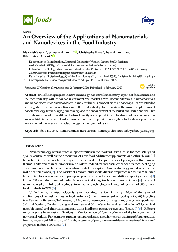 (PDF) An Overview of the Applications of Nanomaterials and Nanodevices in the Food Industry