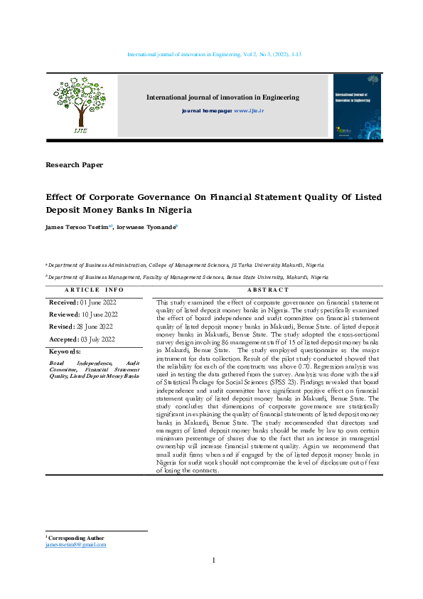 (PDF) Effect Of Corporate Governance On Financial Statement Quality Of Listed Deposit Money ...