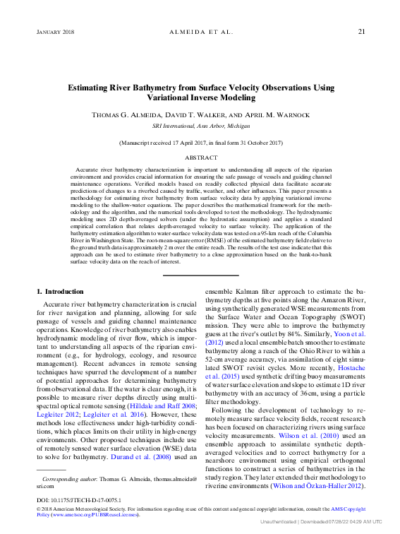 (PDF) Estimating River Bathymetry from Surface Velocity Observations Using Variational Inverse ...