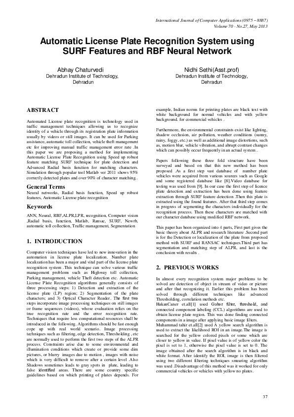 Pdf Automatic License Plate Recognition System Using Surf Features And Rbf Neural Network