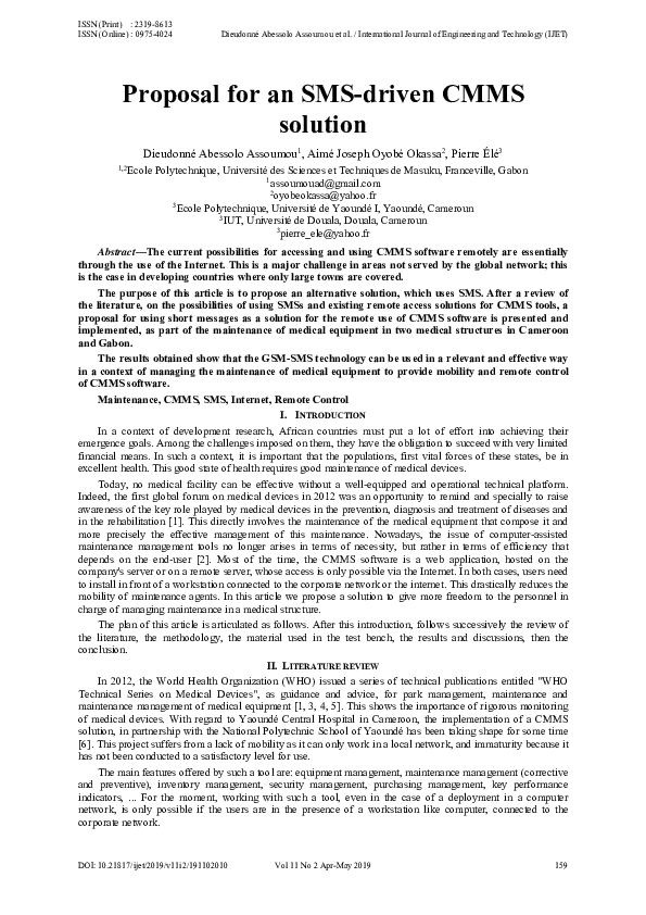 (PDF) Proposal for an SMS-driven CMMS solution