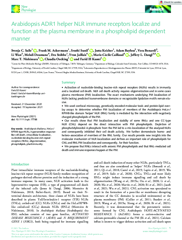 (PDF) Arabidopsis ADR1 helper NLR immune receptors localize and ...