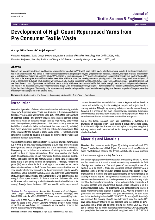 (PDF) Development of High Count Repurposed Yarns from Pre Consumer ...
