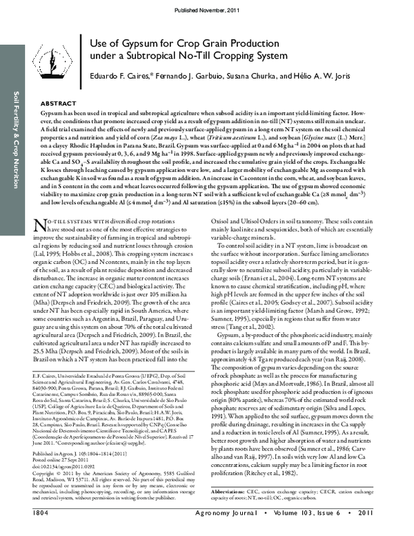 (PDF) Use of Gypsum for Crop Grain Production under a Subtropical No ...