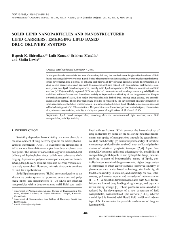 (PDF) Solid Lipid Nanoparticles and Nanostructured Lipid Carriers – Innovative Generations of ...
