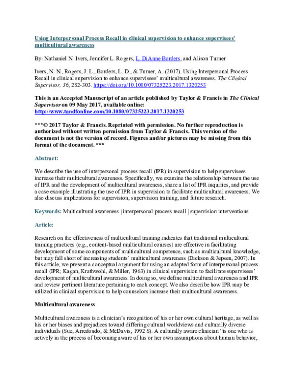 (PDF) Using interpersonal process recall in clinical supervision to ...