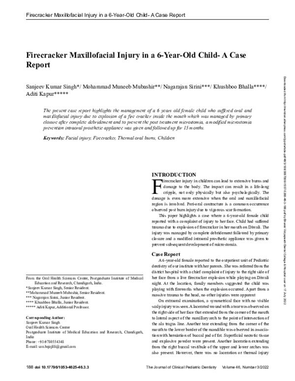 (PDF) Firecracker Maxillofacial Injury in a 6-Year-Old Child- A Case Report