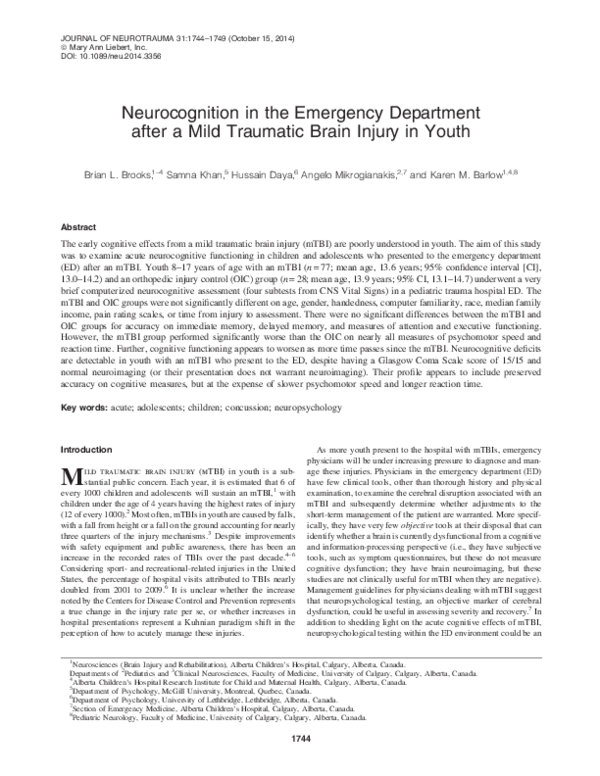 (PDF) Neurocognition in the emergency department after a mild traumatic ...