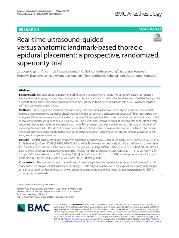 (PDF) Real-time ultrasound-guided versus anatomic landmark-based thoracic epidural placement: a ...