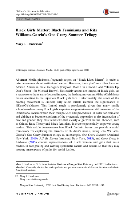 (PDF) Black Girls Matter: Black Feminisms and Rita Williams-Garcia’s ...