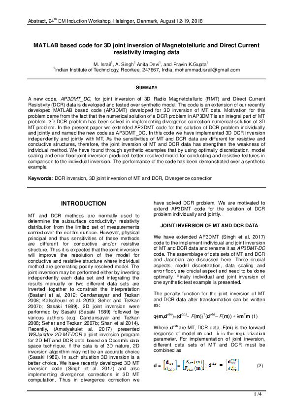 (PDF) MATLAB based code for 3 D joint inversion of Magnetotelluric and Direct Current ...