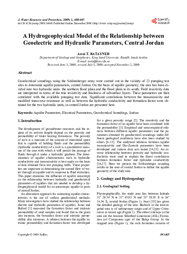 (PDF) A hydrogeophysical model of the relationship between geoelectric and hydraulic parameters ...