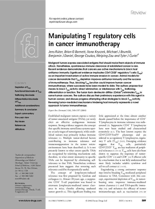 (PDF) Manipulating T regulatory cells in cancer immunotherapy | Ilona Kryczek - Academia.edu