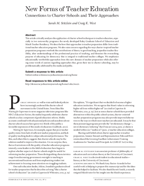 (PDF) New Forms of Teacher Education: Connections to Charter Schools ...