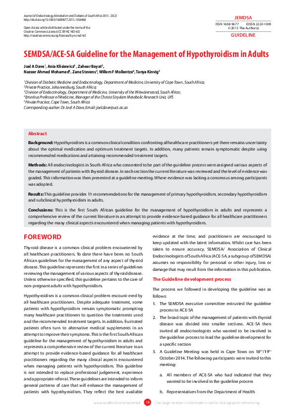 (PDF) SEMDSA/ACE-SA Guideline for the management of hypothyroidism in ...