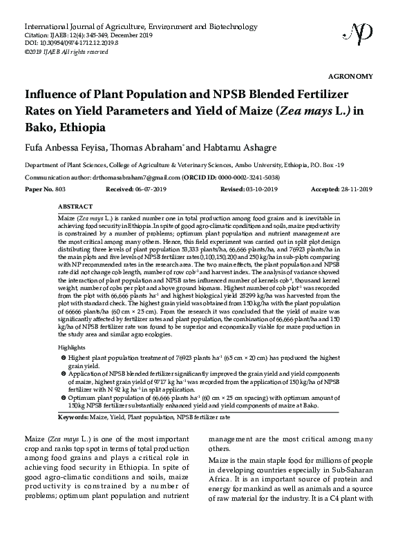 Pdf Influence Of Plant Population And Npsb Blended Fertilizer Rates