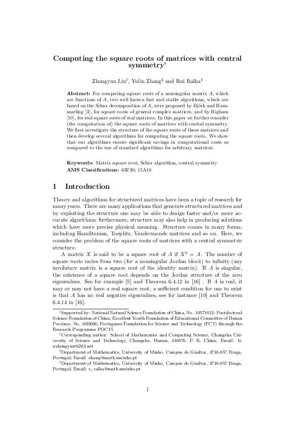 (PDF) Computing the square roots of matrices with central symmetry
