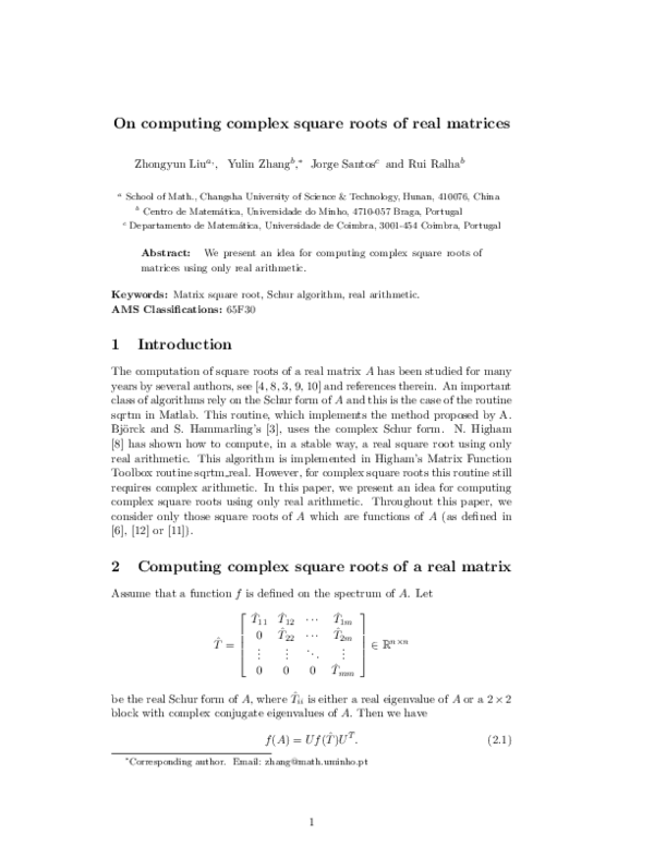 (PDF) On computing complex square roots of real matrices | Yulin Zhang - Academia.edu