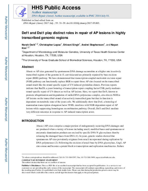 (PDF) Def1 and Dst1 play distinct roles in repair of AP lesions in ...