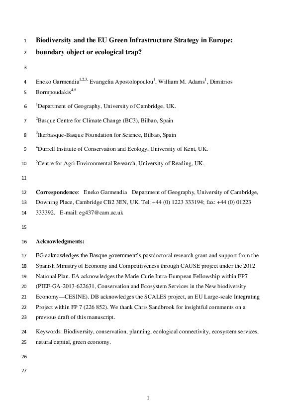 (PDF) Biodiversity and Green Infrastructure in Europe: Boundary object or ecological trap?