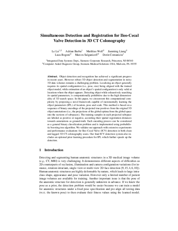 (PDF) Simultaneous Detection and Registration for Ileo-Cecal Valve Detection in 3D CT Colonography