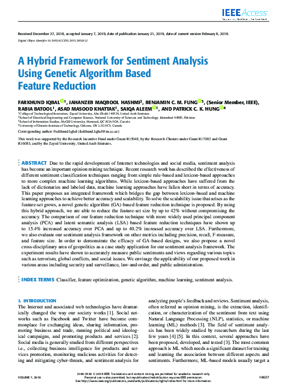 Pdf A Hybrid Framework For Sentiment Analysis Using Genetic Algorithm