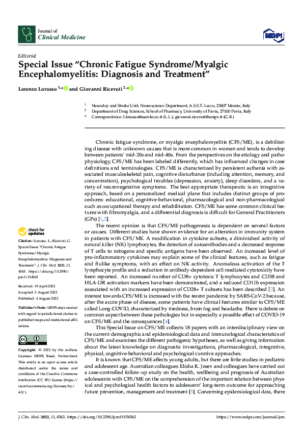 Pdf Special Issue Chronic Fatigue Syndrome Myalgic Encephalomyelitis