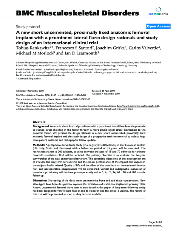 (PDF) A new short uncemented, proximally fixed anatomic femoral implant ...