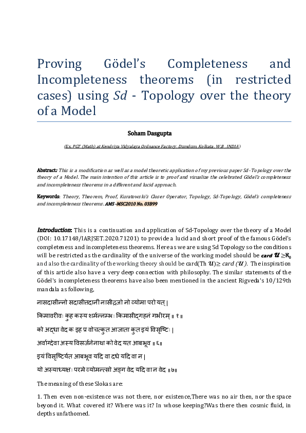 (PDF) Proving Gödel's completeness theorem (in restricted cases) using Sd - Topology over the ...