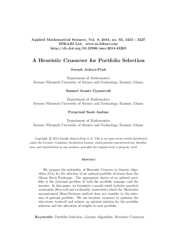 (PDF) A heuristic crossover for portfolio selection | Joseph Ackora-prah - Academia.edu