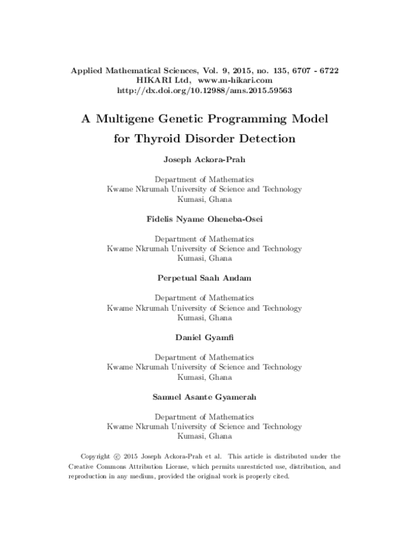 Pdf A Multigene Genetic Programming Model For Thyroid Disorder Detection Joseph Ackora Prah 