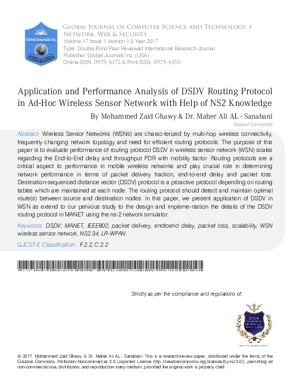 Pdf Application And Performance Analysis Of Dsdv Routing Protocol In Ad Hoc Wireless Sensor