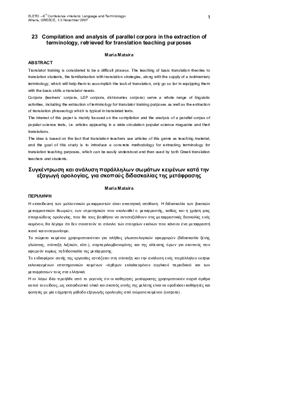 (PDF) Compilation and analysis of parallel corpora in the extraction of terminology , retrieved ...