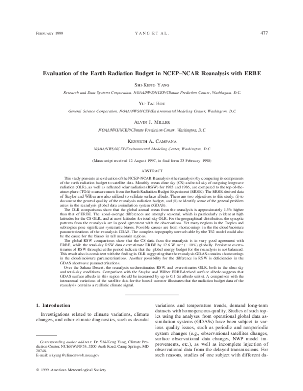 (PDF) Evaluation of the Earth Radiation Budget in NCEP–NCAR Reanalysis ...