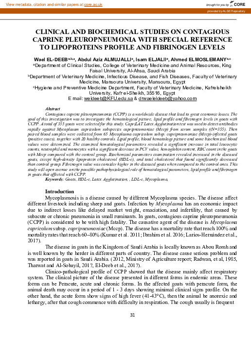 (PDF) Clinical and Biochemical Studies on Contagious Caprine ...