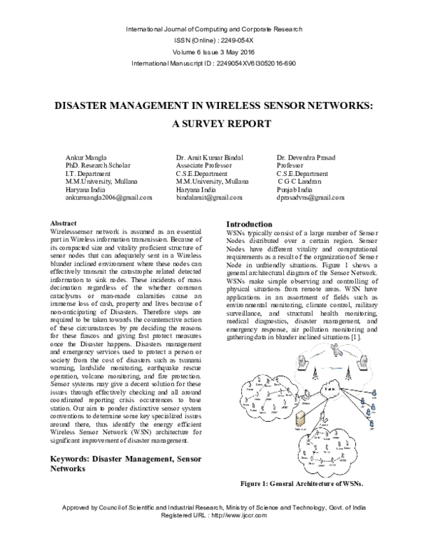Pdf Disaster Management In Wireless Sensor Networks A Survey Report 
