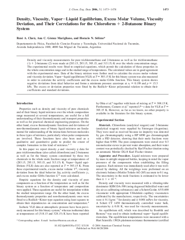 (PDF) Density, Viscosity, Vapor−Liquid Equilibrium, Excess Molar Volume, Viscosity Deviation ...