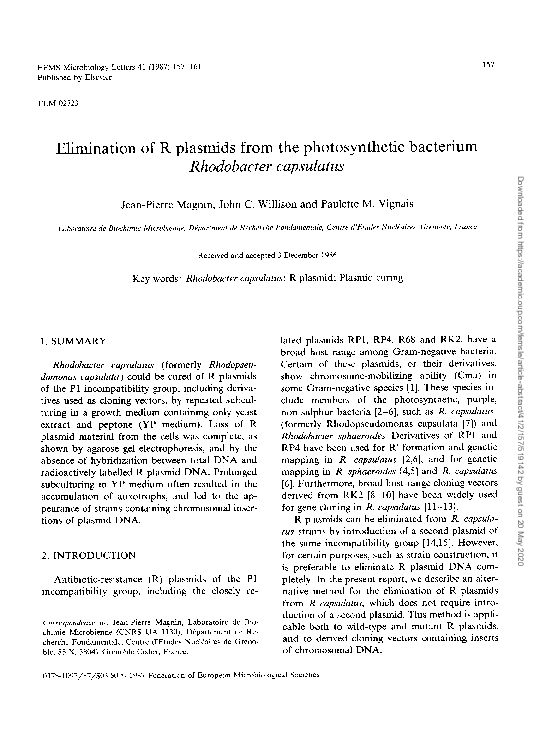 (PDF) Elimination of R plasmids from the photosynthetic bacterium ...