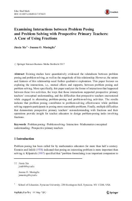 Pdf Examining Interactions Between Problem Posing And Problem Solving With Prospective Primary