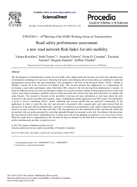 (PDF) Road Safety Performance Assessment: A New Road Network Risk Index for Info Mobility