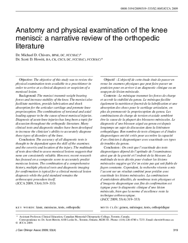 (PDF) Anatomy and physical examination of the knee menisci: a narrative ...