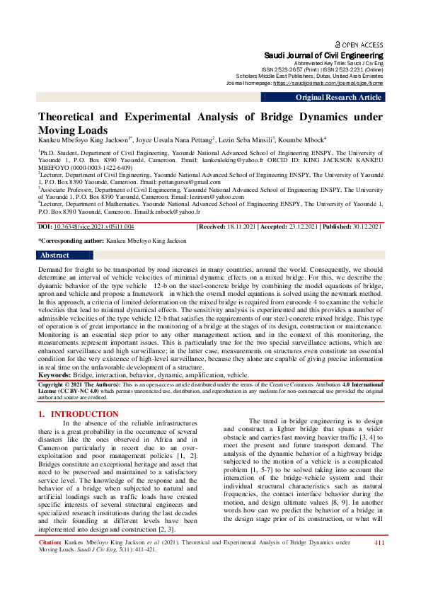 (PDF) Theoretical and Experimental Analysis of Bridge Dynamics under Moving Loads | Lezin Seba ...